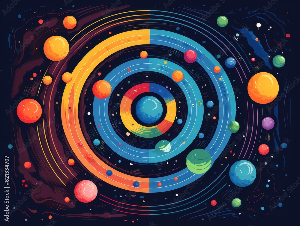 Colorful visual representation of a solar system with planets orbiting ...