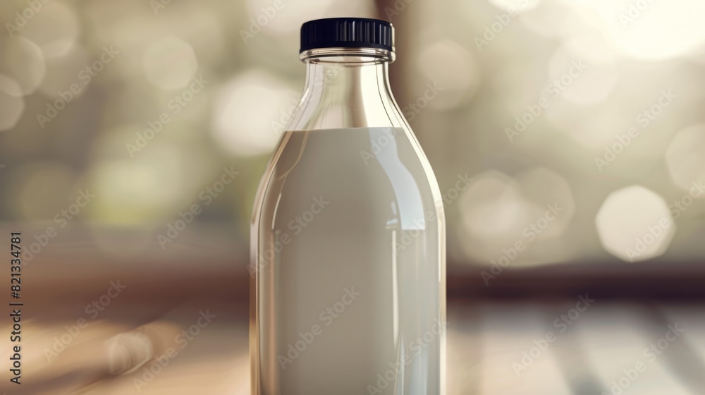 zoom capturing the details of the glass bottle of fresh milk, showing ...
