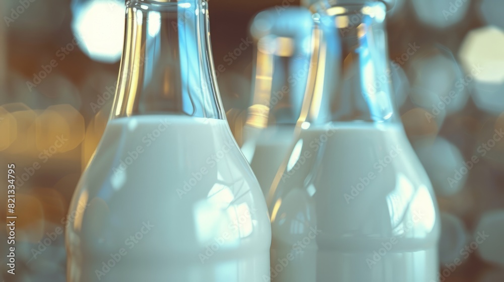 zoom capturing the details of the glass bottle of fresh milk, showing ...