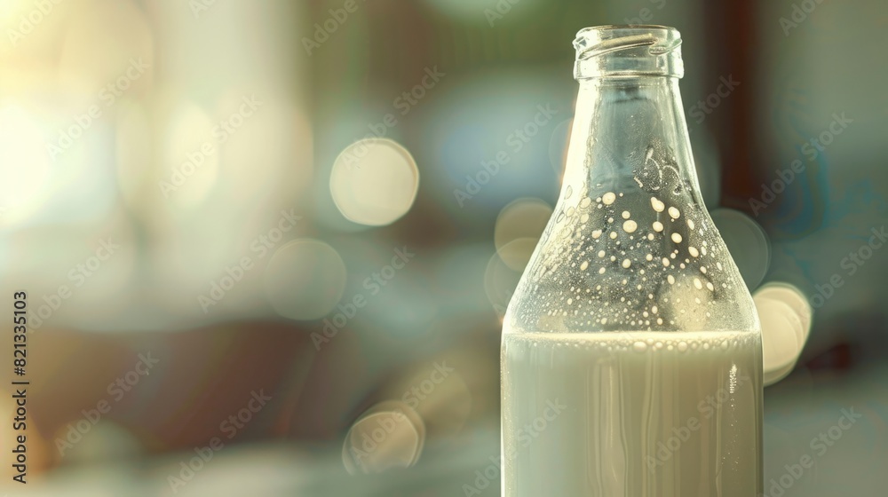 zoom capturing the details of the glass bottle of fresh milk, showing ...