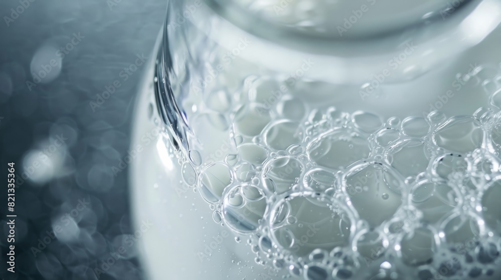 zoom capturing the details of the glass bottle of fresh milk, showing ...