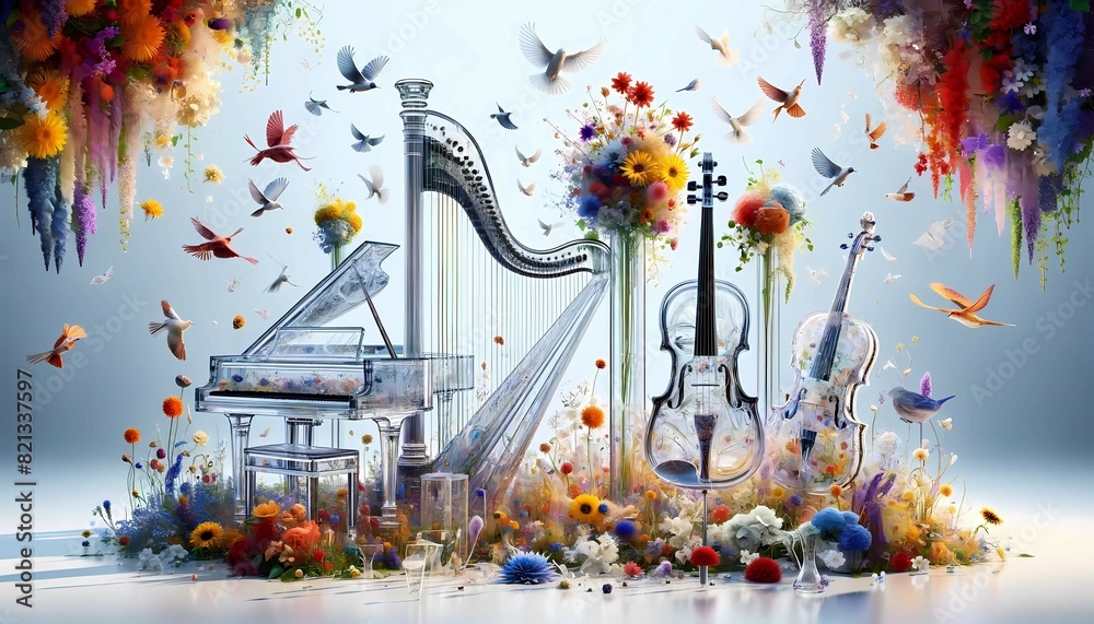 This painting depicts various musical instruments, such as guitars ...