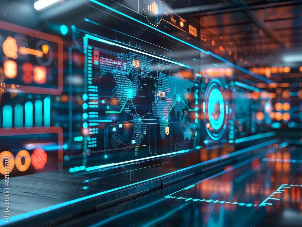 Futuristic data command center with digital screens displaying global analytics, big data ...