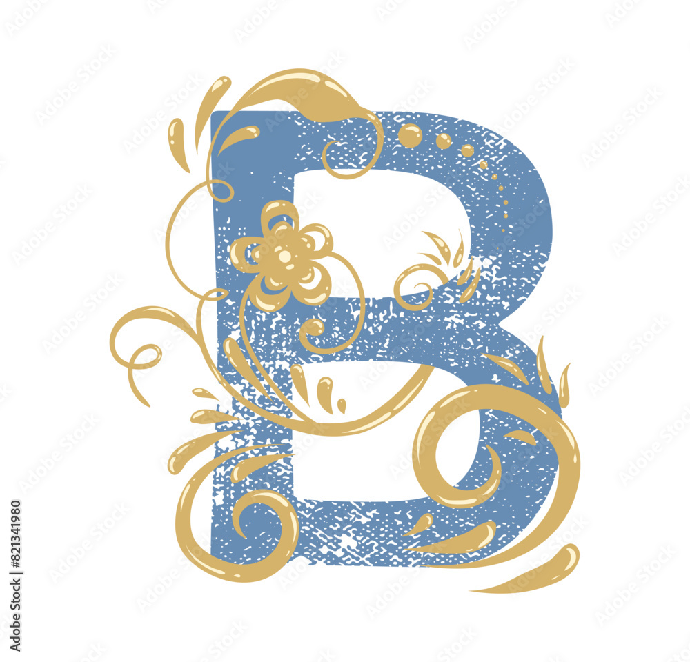 Letter b in vintage style with beautiful gold swirls. The letter is shabby as if it were old ...
