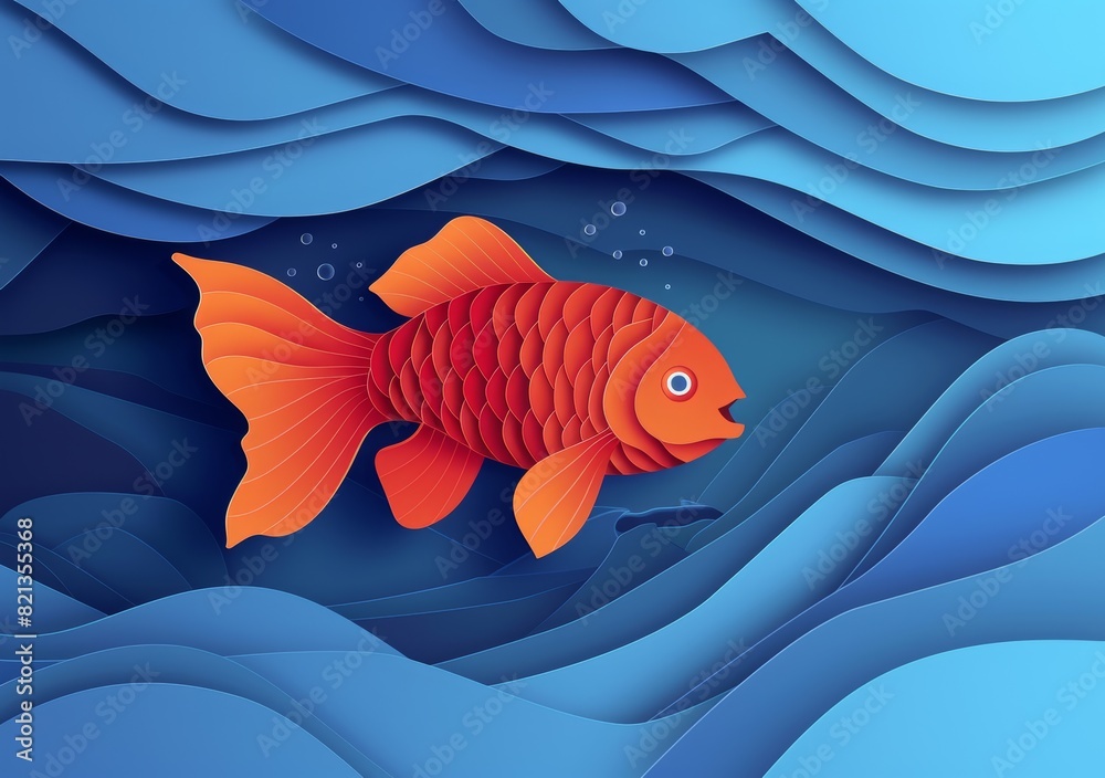 world ocean day. paper cut background with waves and red fish, white ...