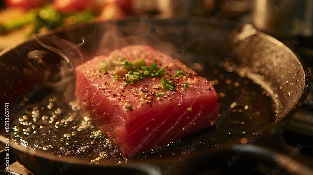 Ahi tuna steak searing in a hot pan. The tuna is seasoned with salt ...