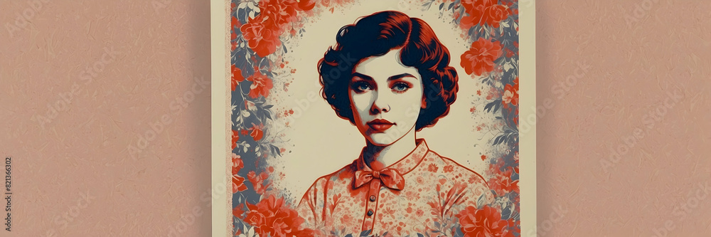 Artistic representation of a woman in vintage style with a red and blue ...