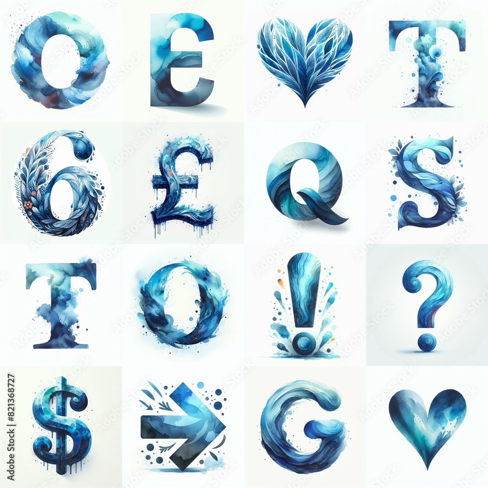 Blue watercolor Lettering Typeface. AI generated illustration Stock ...