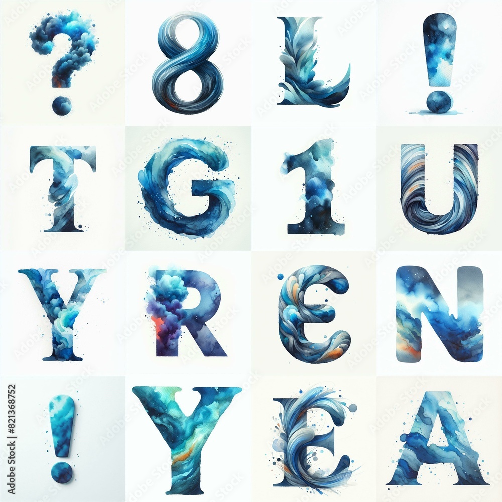 Blue watercolor Lettering Typeface. AI generated illustration Stock ...