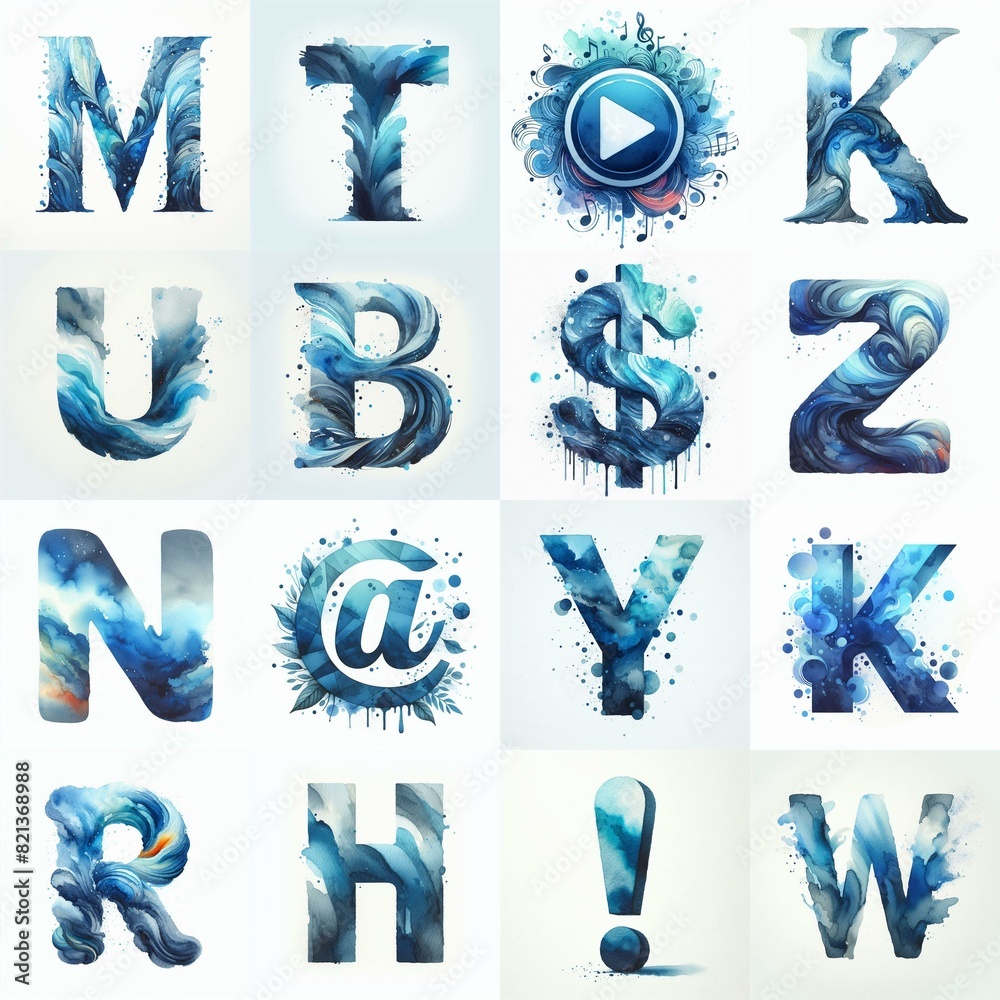 Blue watercolor Lettering Typeface. AI generated illustration Stock ...
