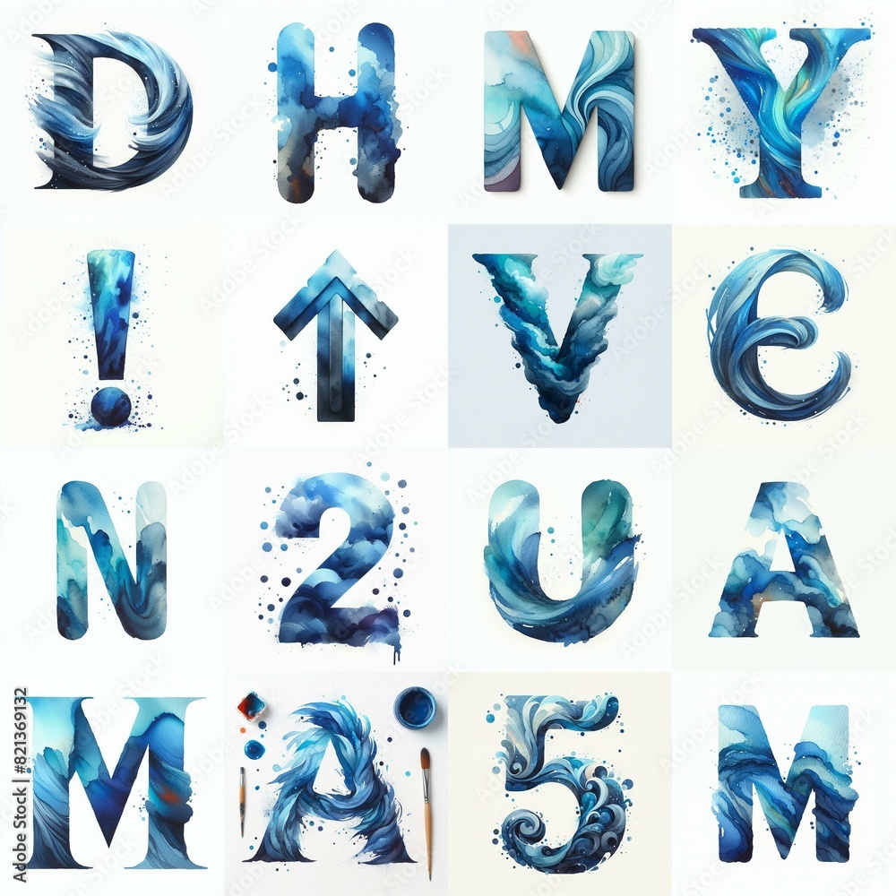 Blue watercolor Lettering Typeface. AI generated illustration Stock ...