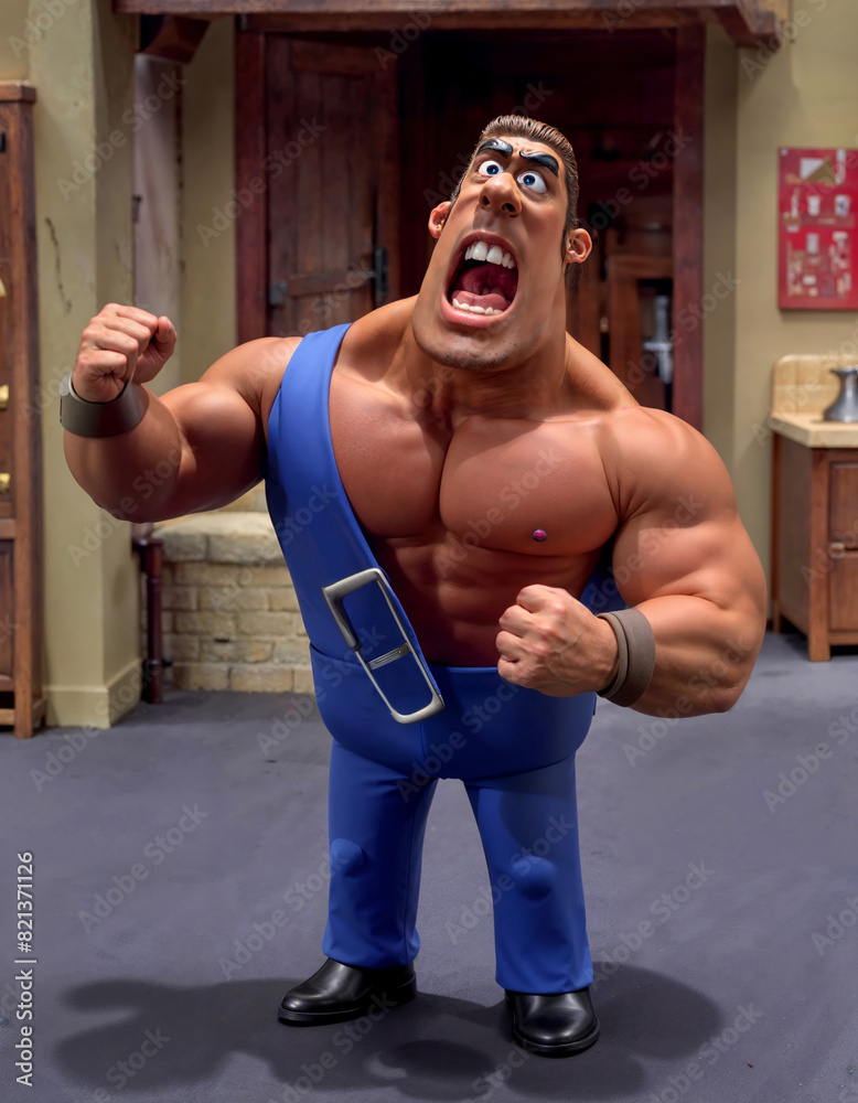 a muscular, animated character with an exaggerated physique and an ...