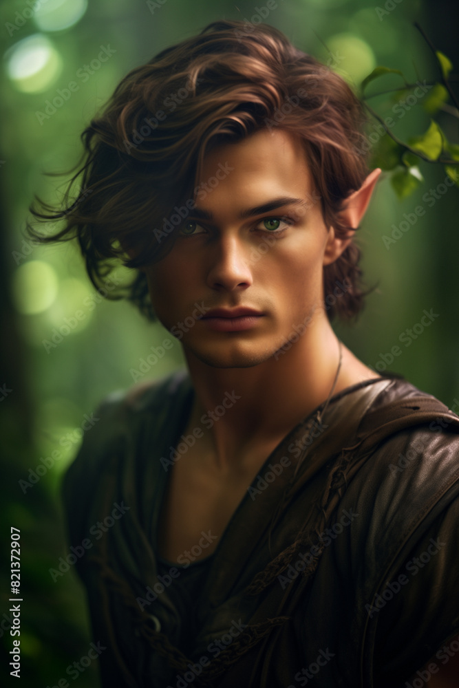 Handsome brown haired brunette elf man in the fantasy mythical forest ...