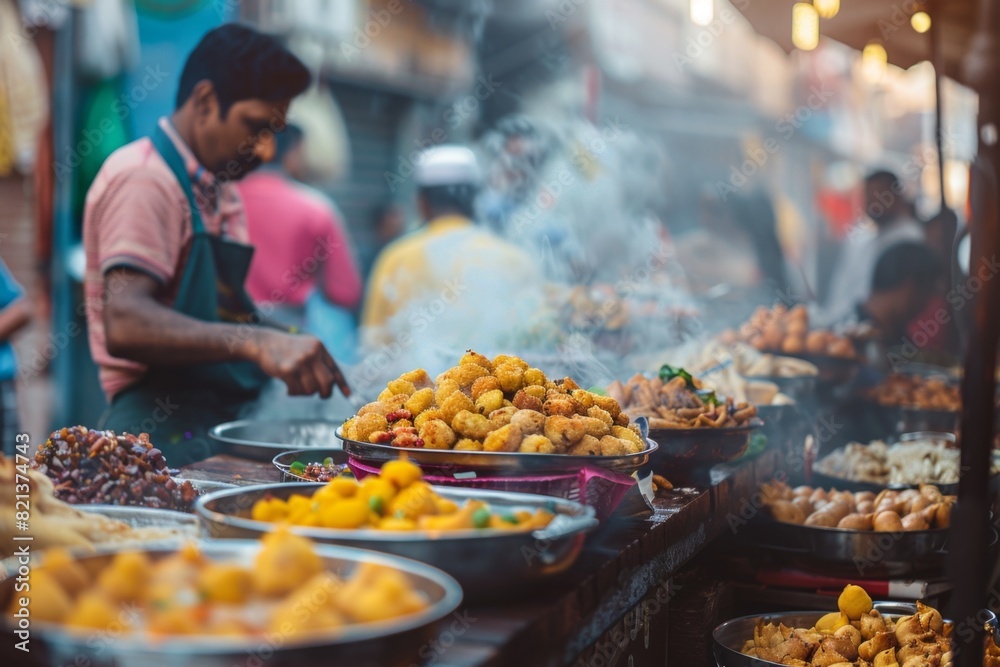 An Indian man selling pani puri in an open street market, surrounded by ...