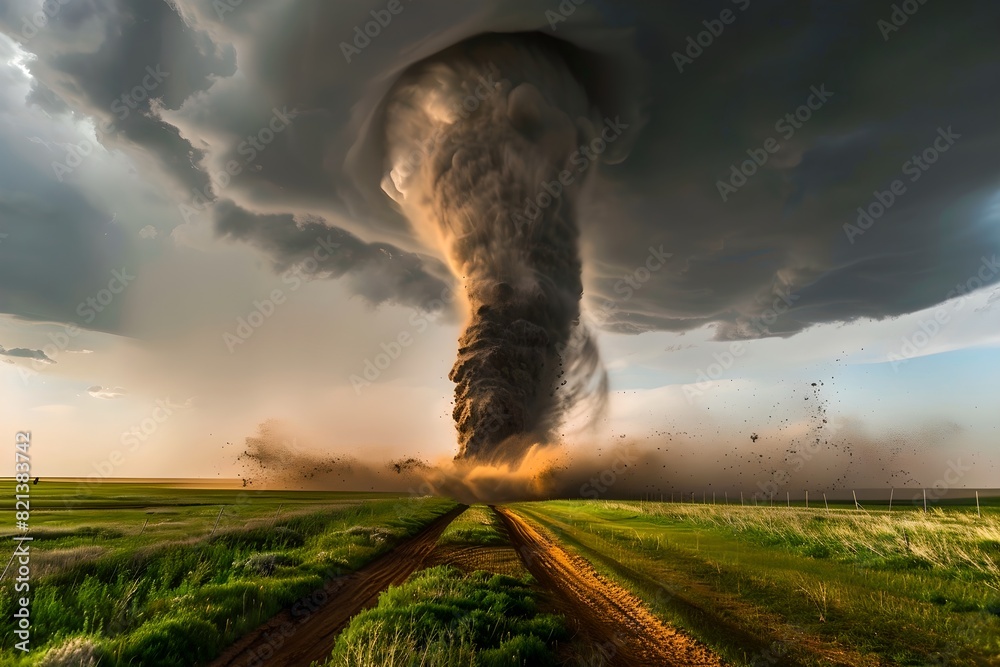 Tornado over a farm fields with dark storm clouds. Natural disaster ...