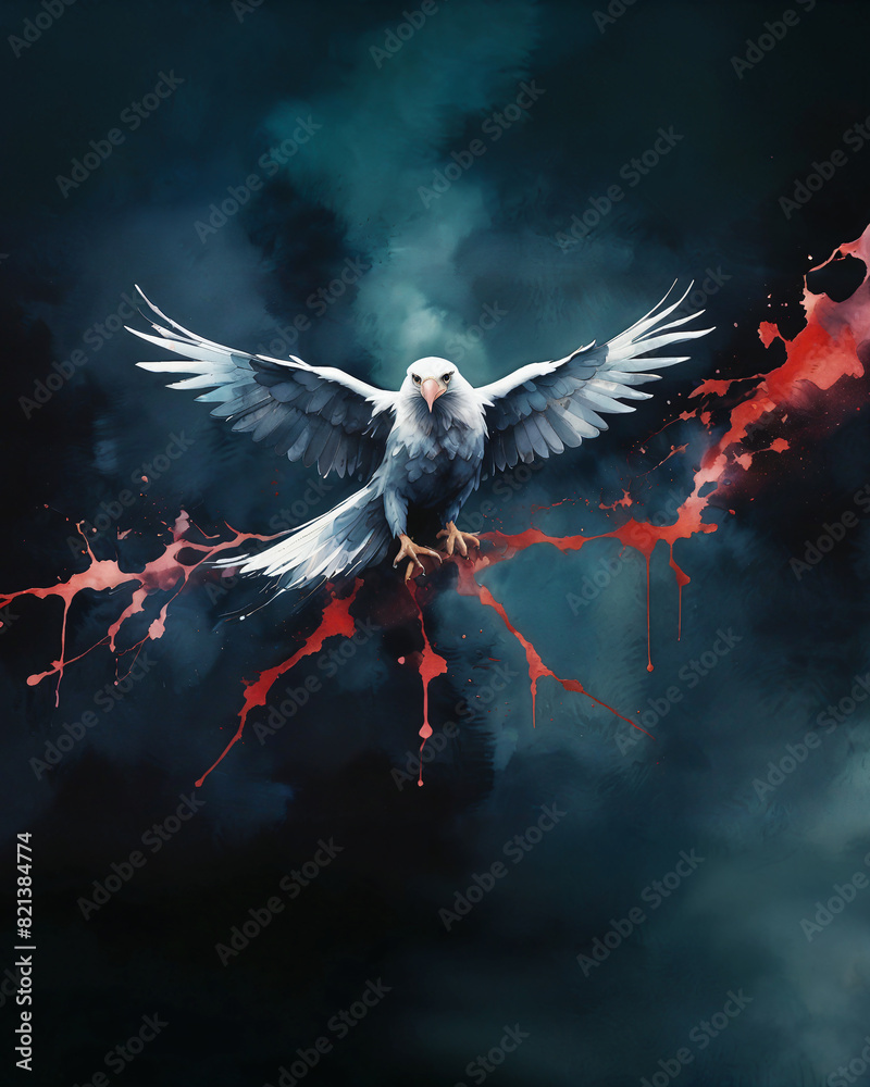 Watercolor drawing, predatory bird straightened its wings on gloomy ...