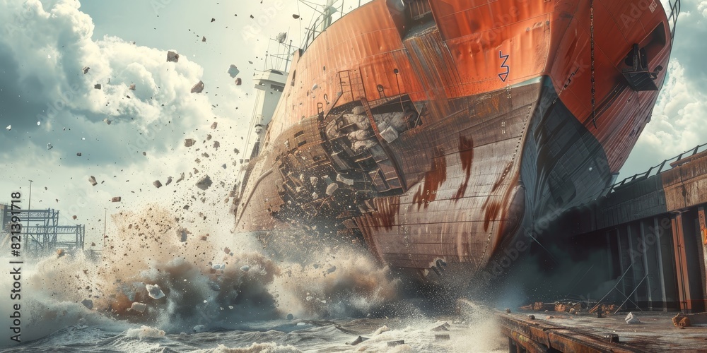 Shipyard explosion scene with cargo ship - Dramatic image showing a ...