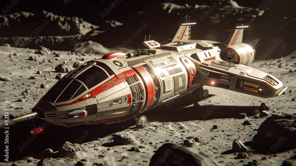Spaceship landed on a moon surface - Dramatically lit spaceship on a ...