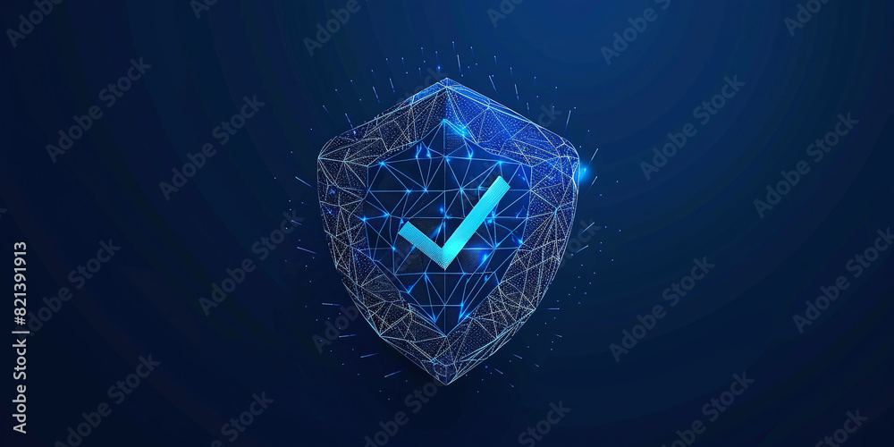 Visualizing a secure cybersecurity symbol: A dark blue wireframe shield adorned with a checkmark ...