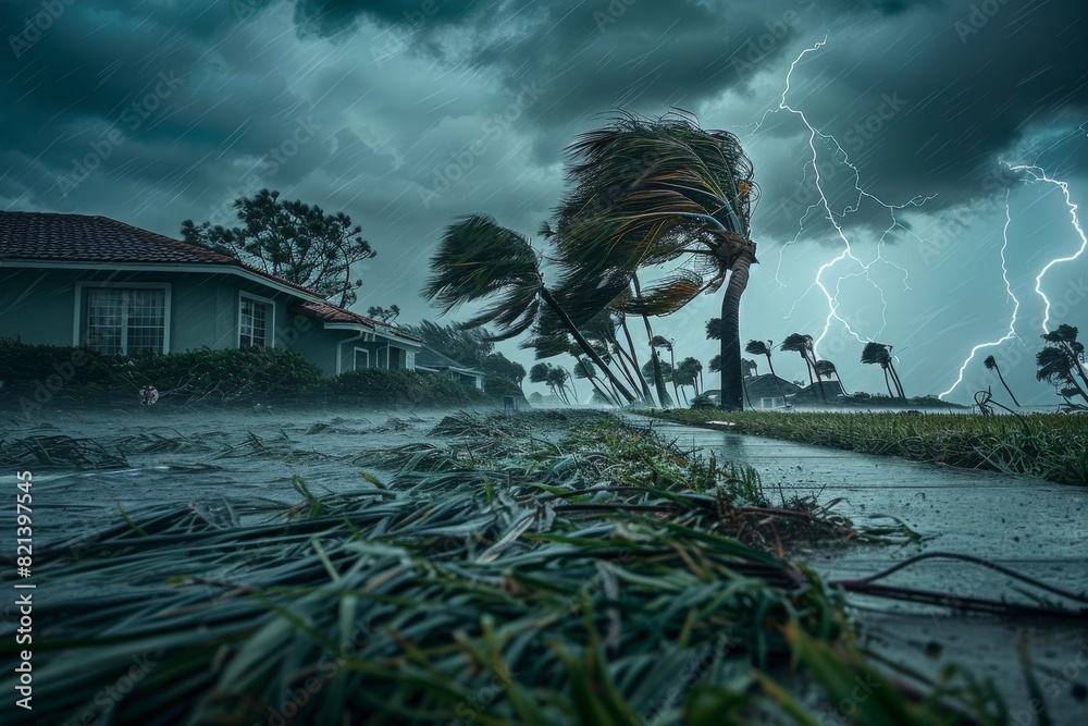 Street view of storm hitting palm trees - Visceral depiction of palm ...