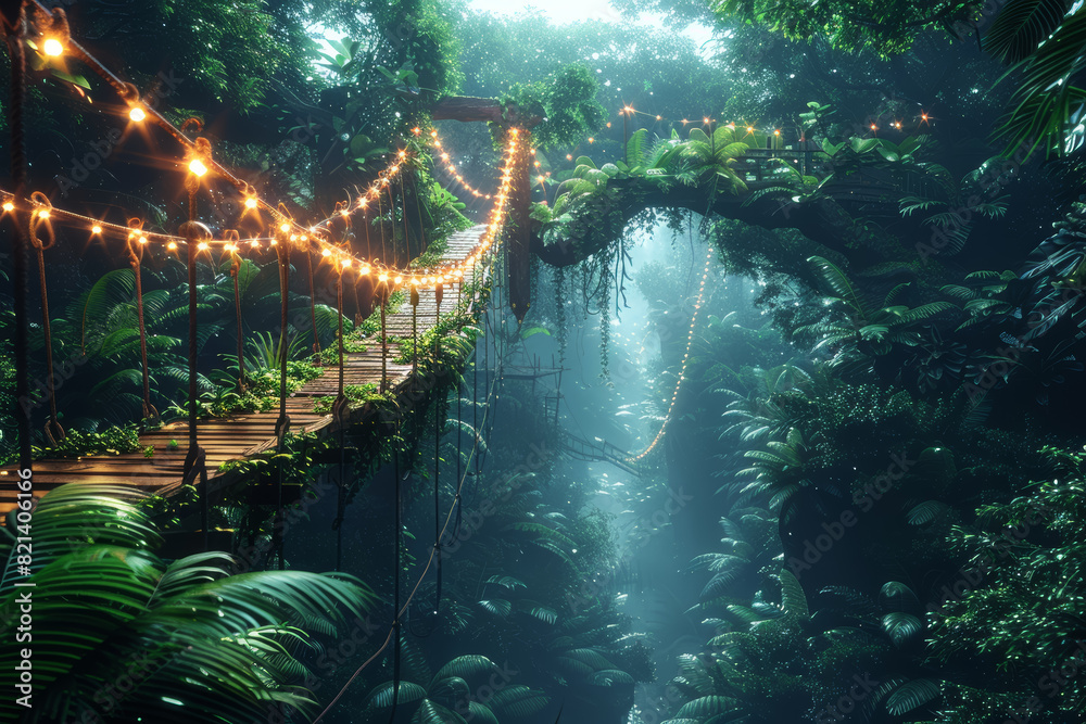 A tropical rainforest canopy walkway suspended high above the forest ...