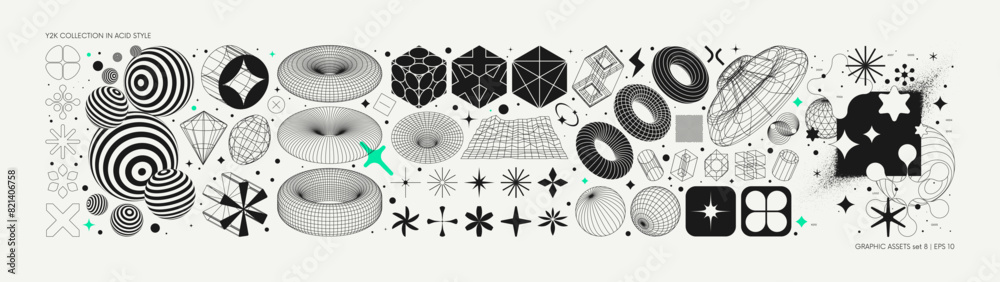 Vector graphic assets set in acid style, retro futuristic background ...