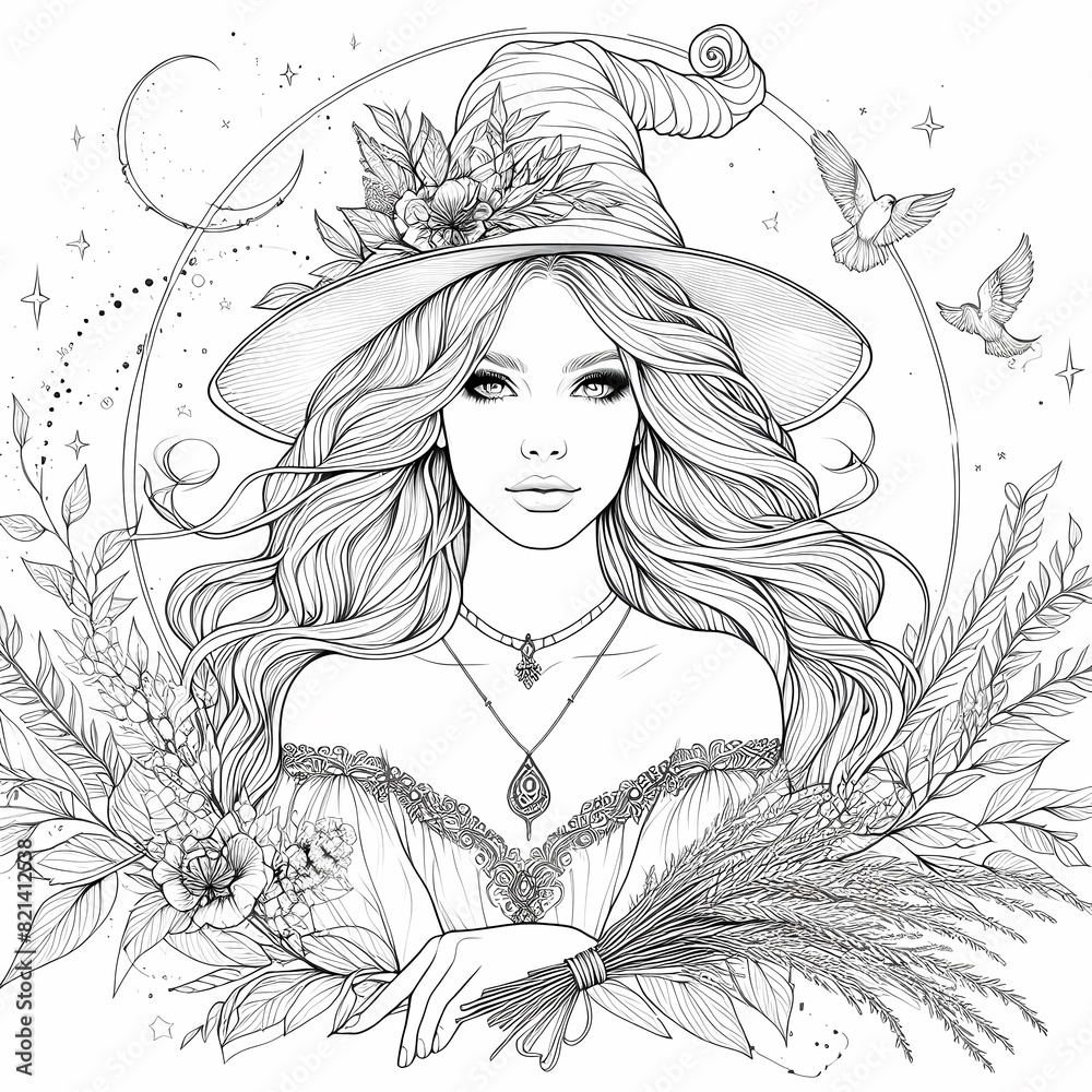 Enchanting Witch: Beautiful Witch Woman Coloring Page for Adults Stock ...