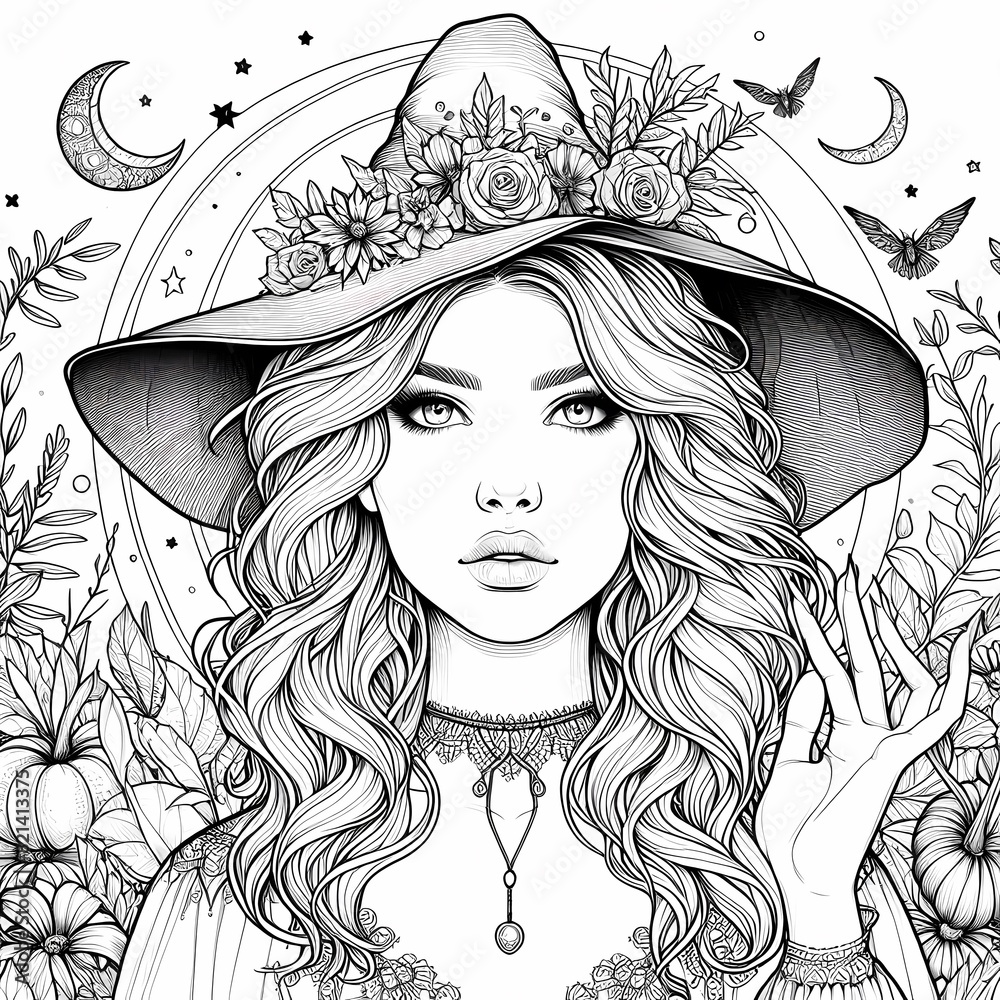 Enchanting Witch: Beautiful Witch Woman Coloring Page for Adults Stock ...