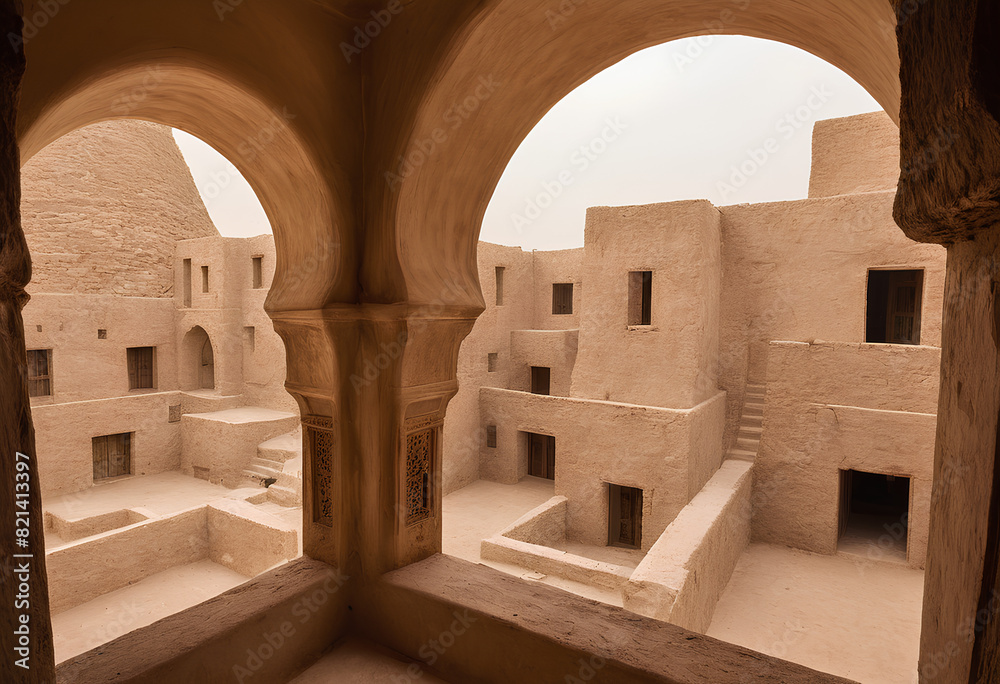 Interior of an old traditional Arabic house under strong sunlight with ...