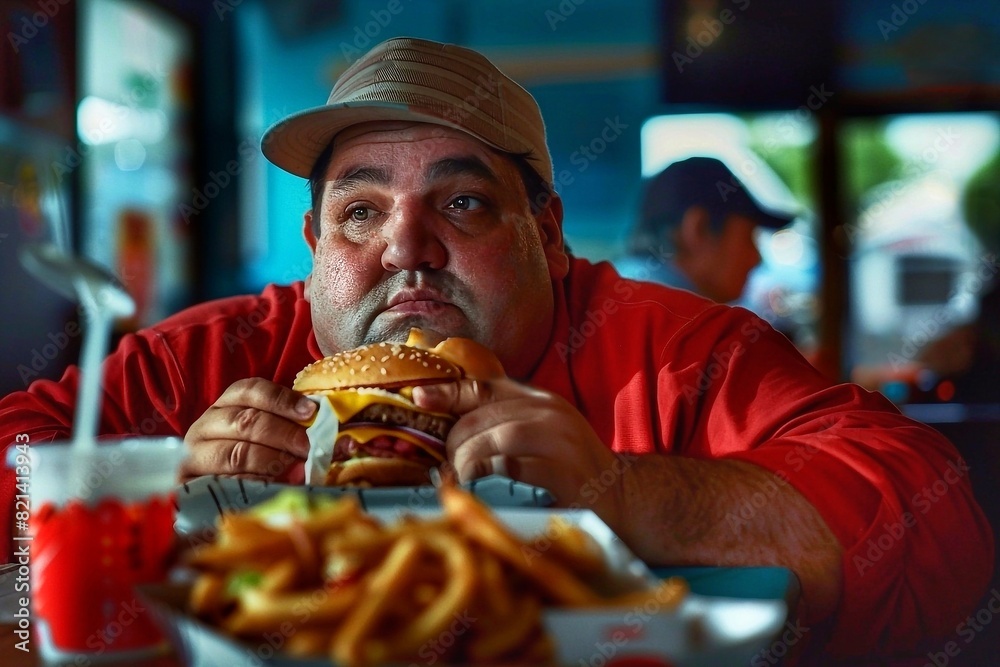 Mature fat man is eating a hamburger and fries in a fast food ...
