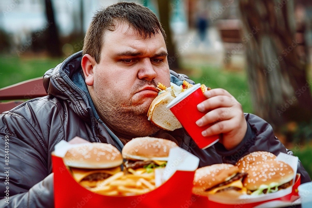 Fat man eating hamburgers and french fries on the street. Junk food ...
