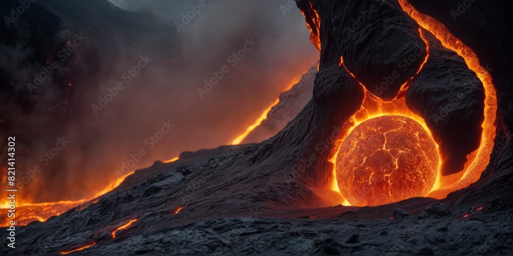 massive ball of lava erupting from the ground, spewing out in all directions. The ground is also ...