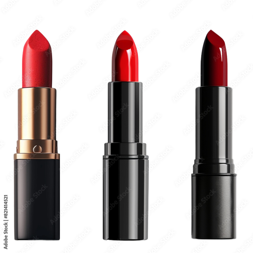 3 lipsticks in different shades of red, one is solid color with gold ...
