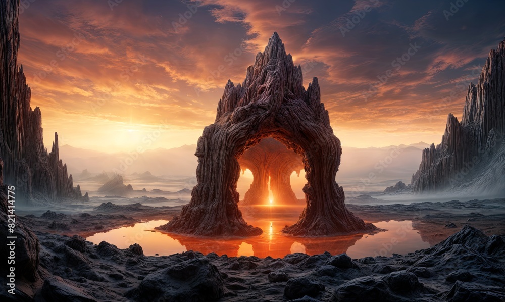 surreal rock formation with an opening in the middle, resembling a ...