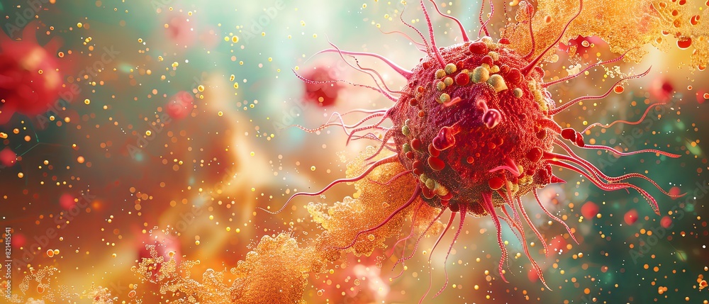 3d illustration of red and yellow energy explosion with cancer cell ...