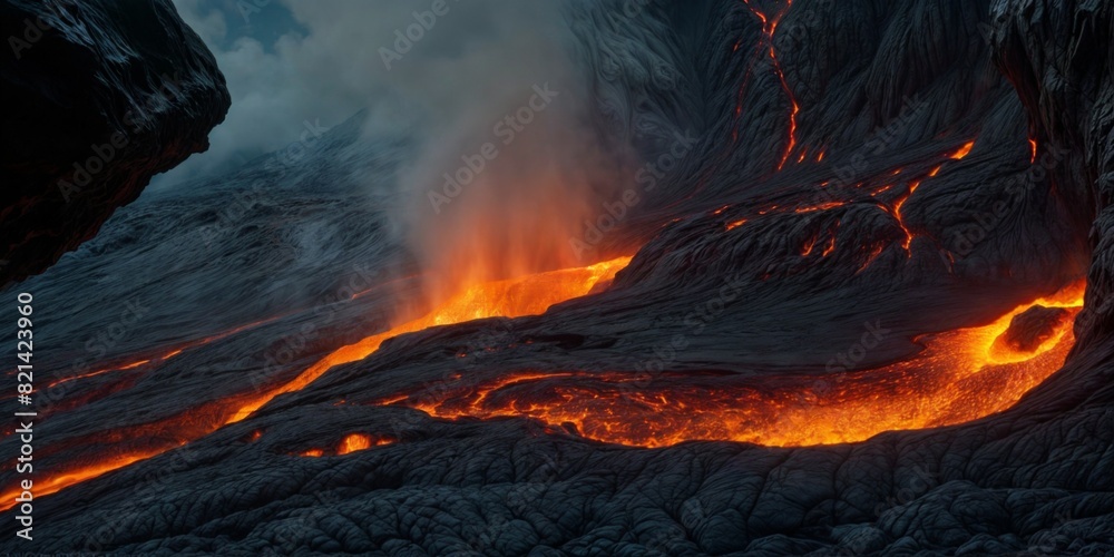 river of molten lava flowing between large rocks. The lava is bright ...