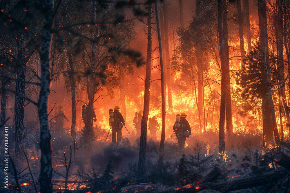 Firefighters are silhouetted against the fierce flames of a night-time ...