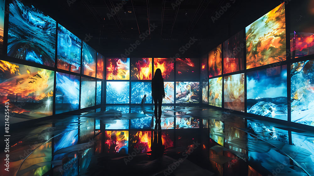a person standing in front of an impressive array of screens. The ...