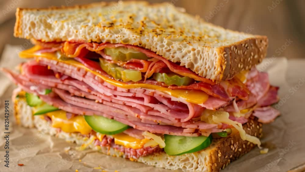 A traditional deli sandwich filled with layers of meat, cheese, and ...