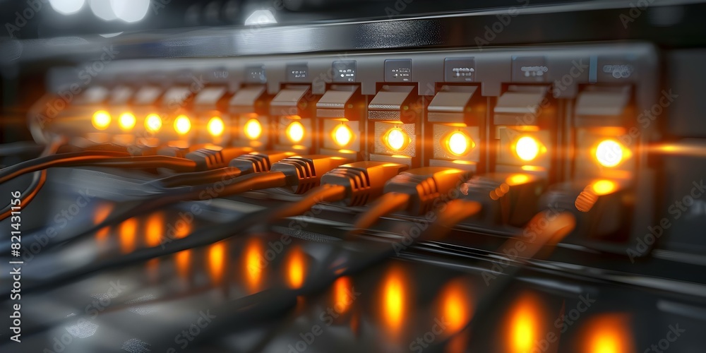 LED status lights on network switch indicate active Ethernet connections in data center. Concept ...