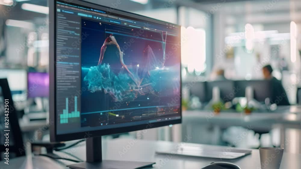 A computer monitor displaying a 3D visualization resting on top of a ...