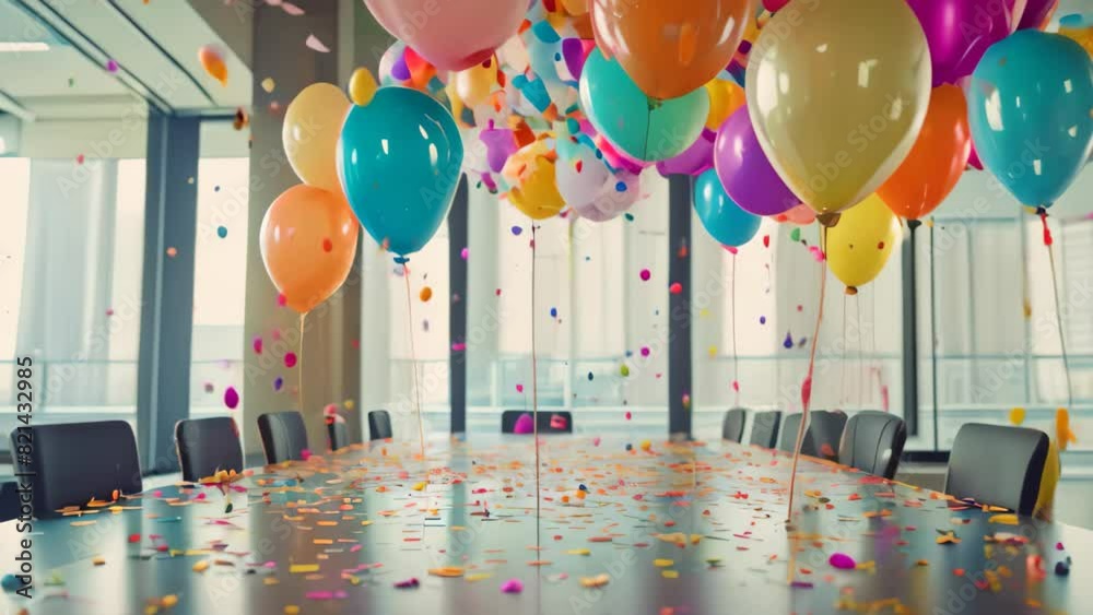 A conference room decorated with numerous colorful balloons and ...