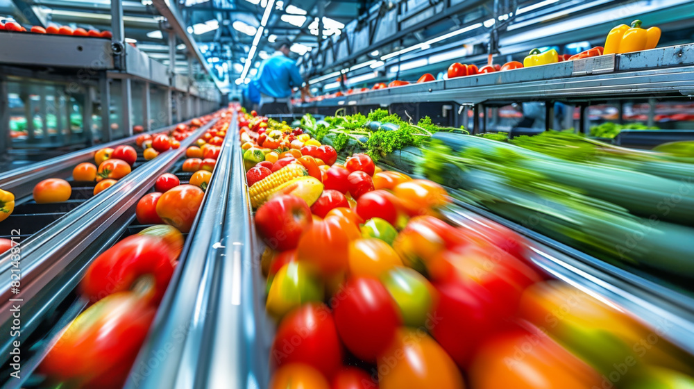 Colorful fresh vegetables moving rapidly on a conveyor belt in a modern ...