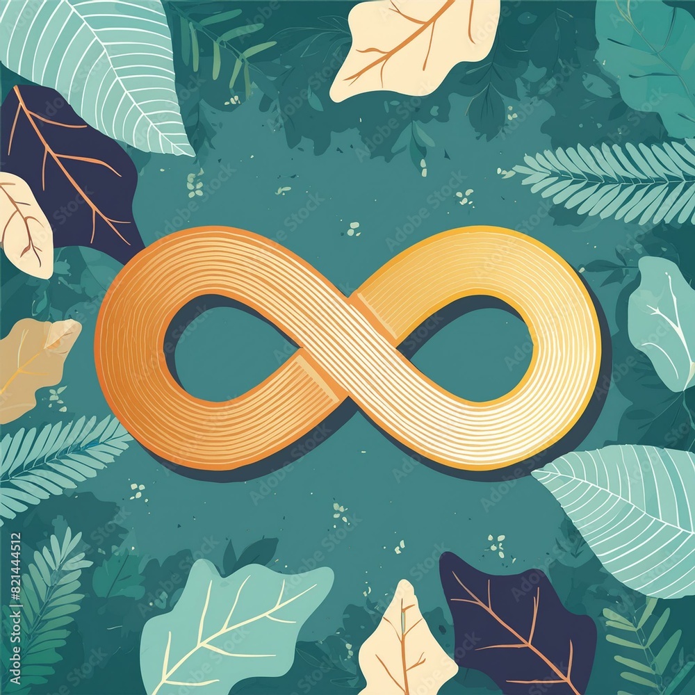 Golden infinity symbol sign on nature background with green leaves ...