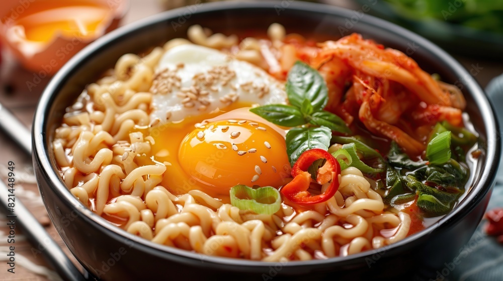 Serving a Korean style instant noodle, Ramyeon or Ramyun with spicy ...