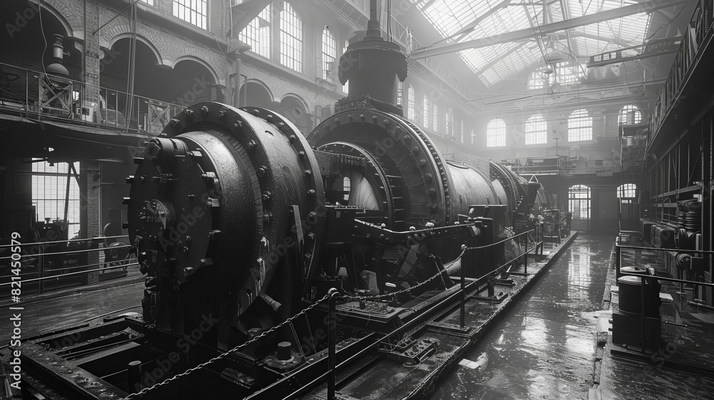 A steam turbine generating electricity in an early 20thcentury power ...
