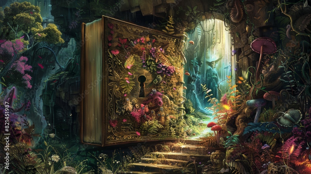 Fantasy book with a keyhole and a magical forest doorway for a fantasy ...