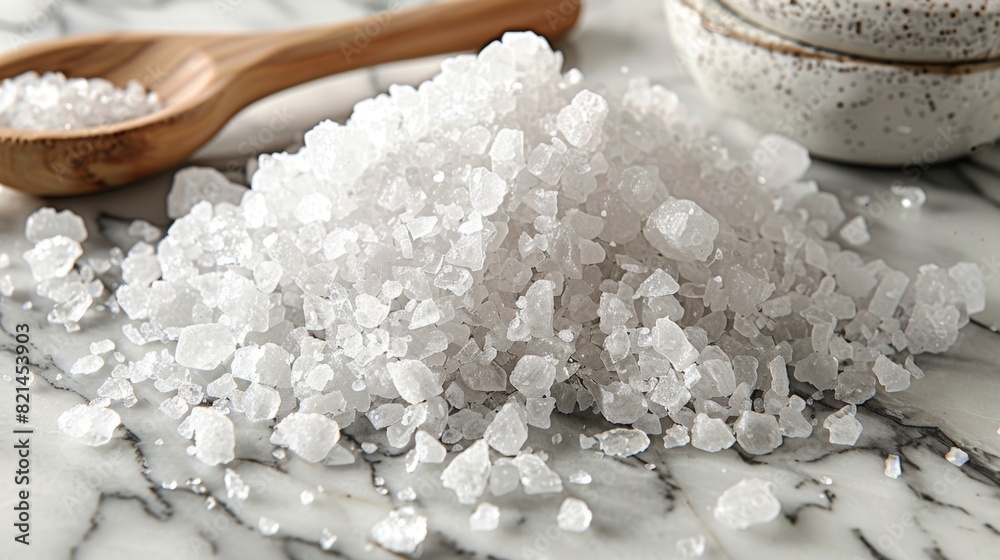 gourmet seasoning display, celtic grey sea salt flakes on a marble ...