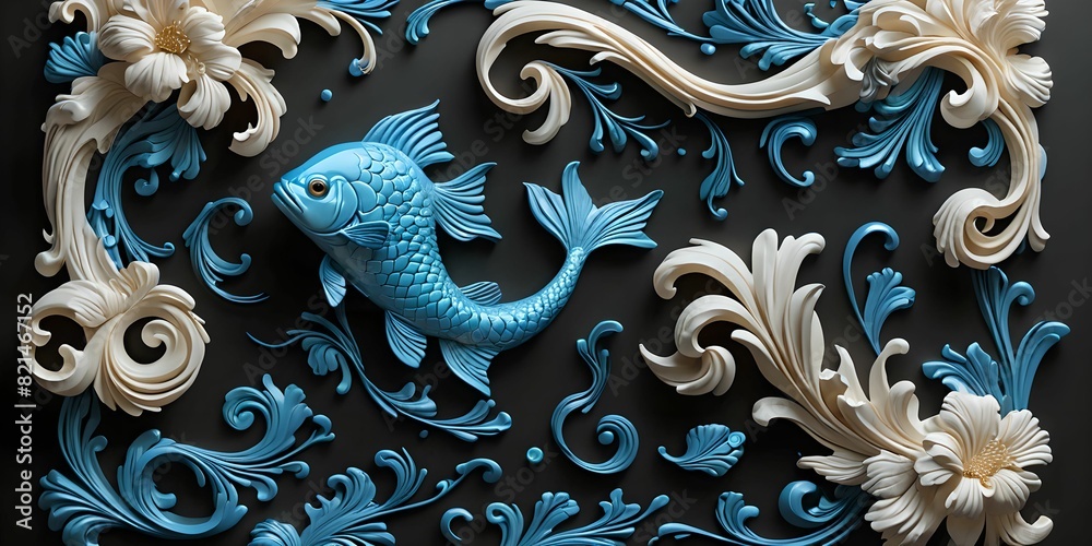 wallpaper representing a pattern of blue fish, on a black background ...