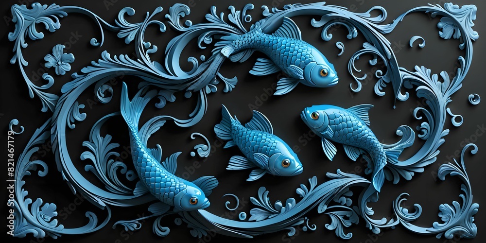 wallpaper representing a pattern of blue fish, on a black background ...